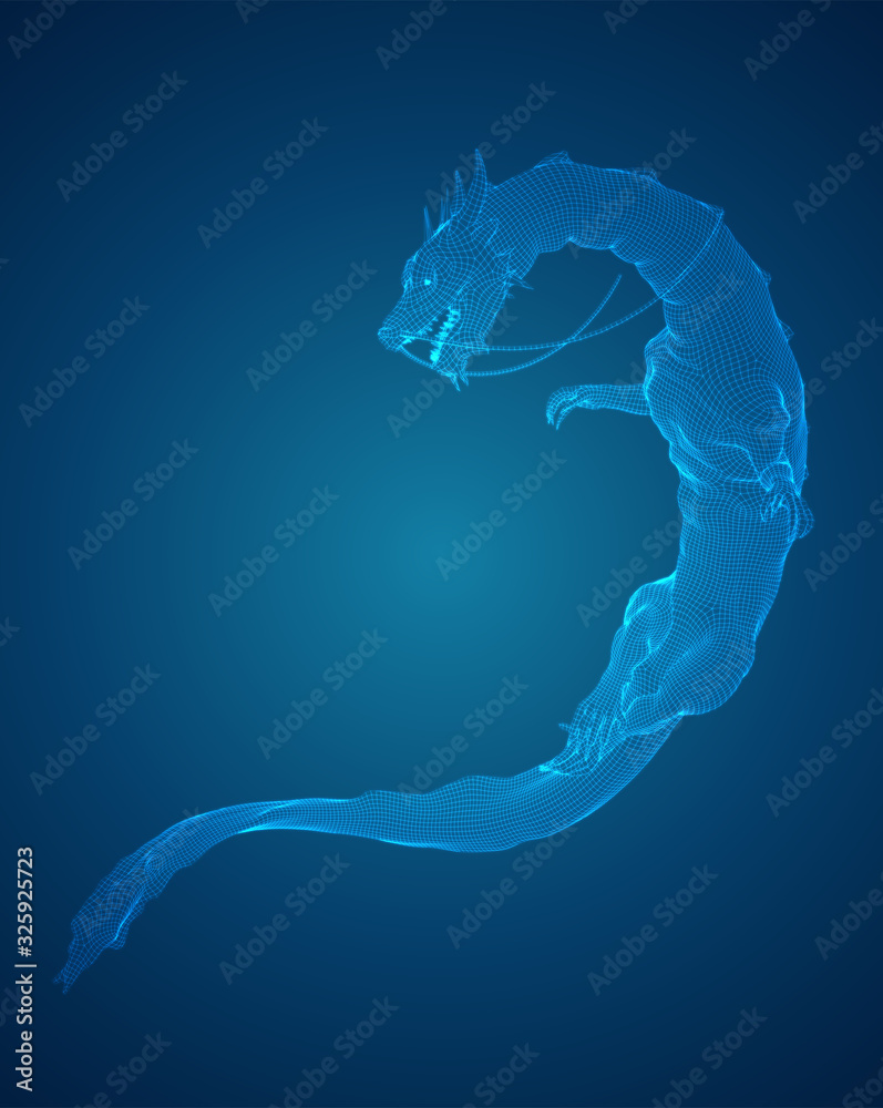 vector long dragon snake on a deep dark blue background in square 3D ...
