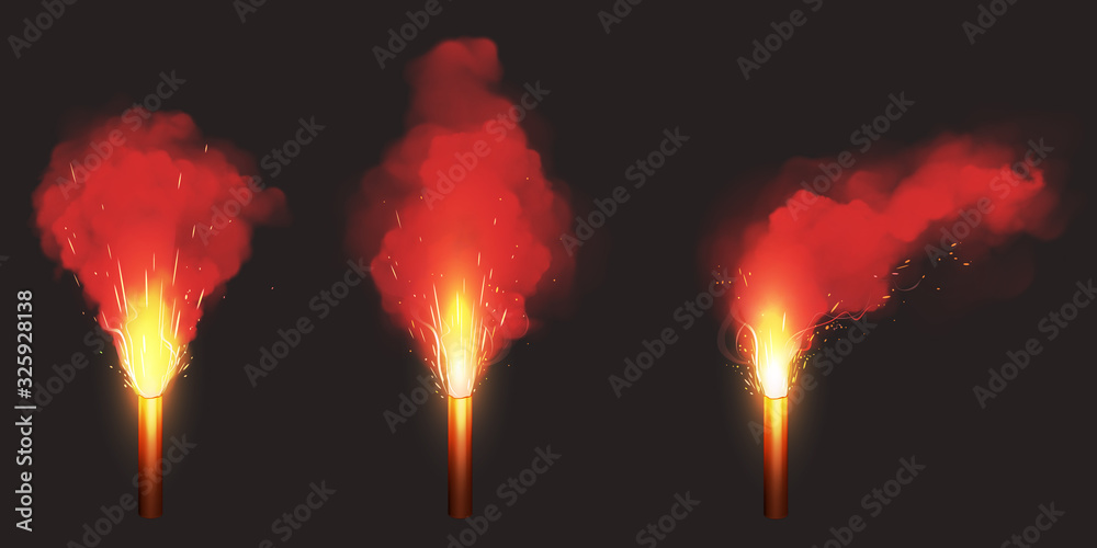 Burn red flare, signal light for emergency on road or sea. Vector ...