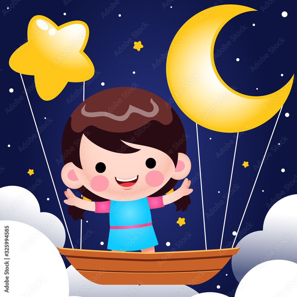 Cartoon Cute Little Boy Riding On Flying Boat At Night Vector ...