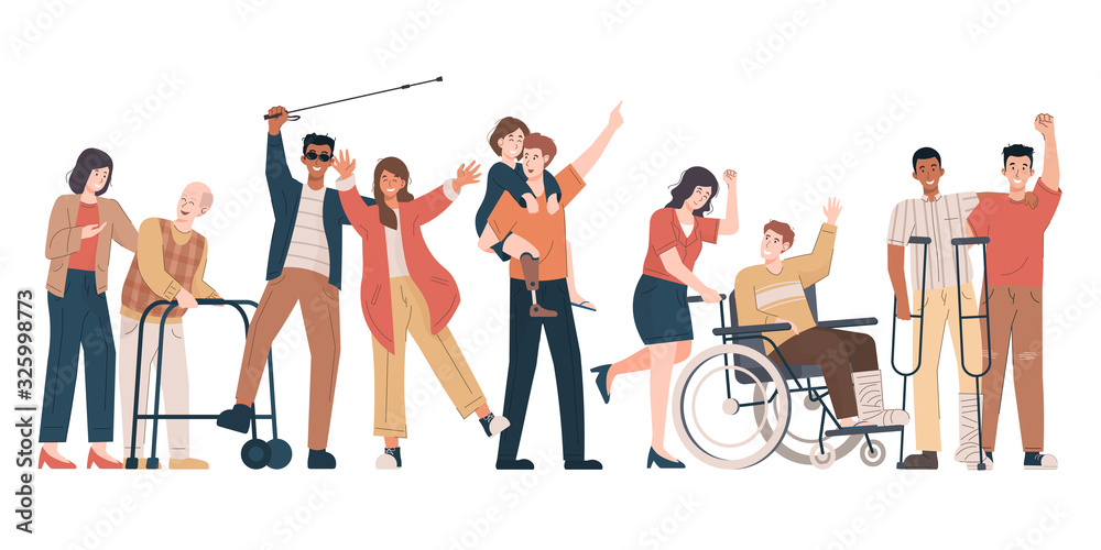 Happy disabled people with their friends and family. Blind man, girl ...