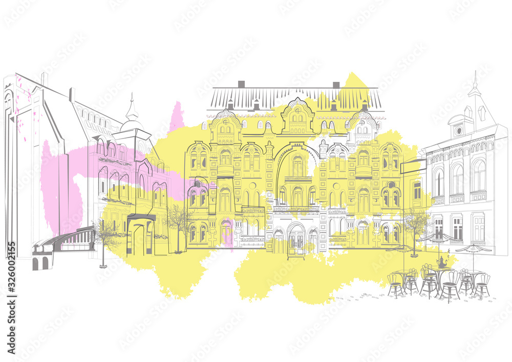 Series of street views in the old city. Hand drawn vector abstract ...