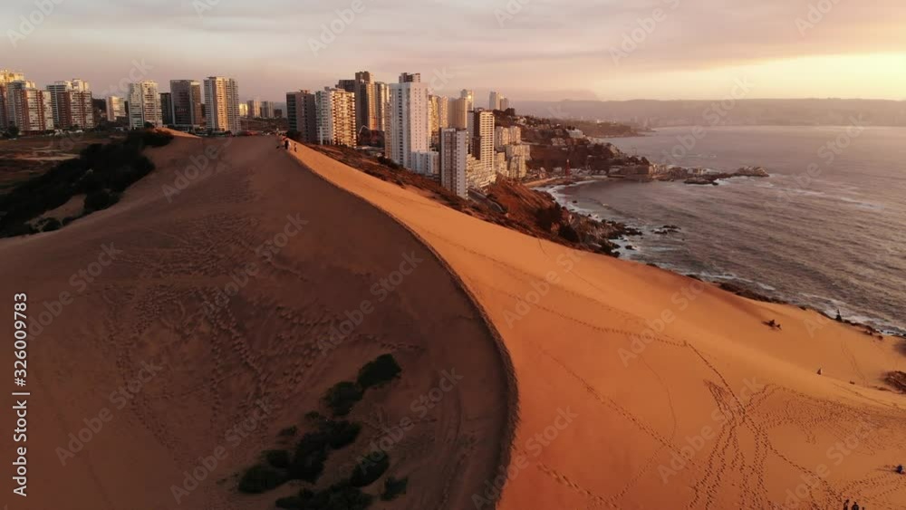Drone footage of Concon Dunes on sunset. Vina del Mar in Chile. City ...