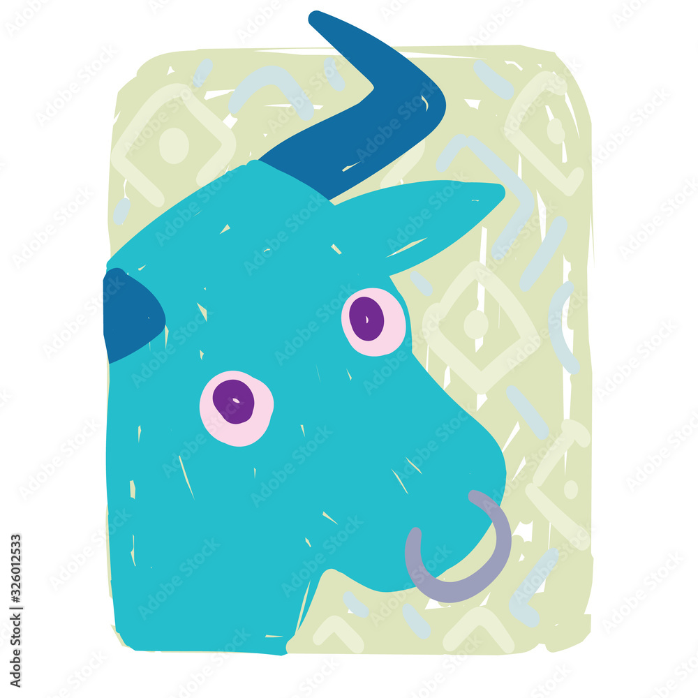 Taurus. Funny zodiac sign. Colorful vector illustration of turquoise ...