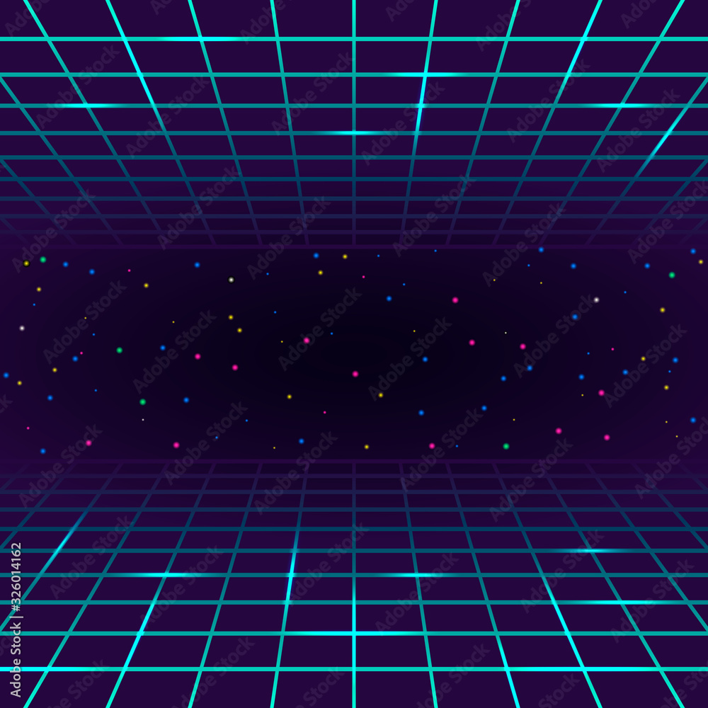 Retro vintage neon grid horizon of the 80s and 90s. Banner for printing ...