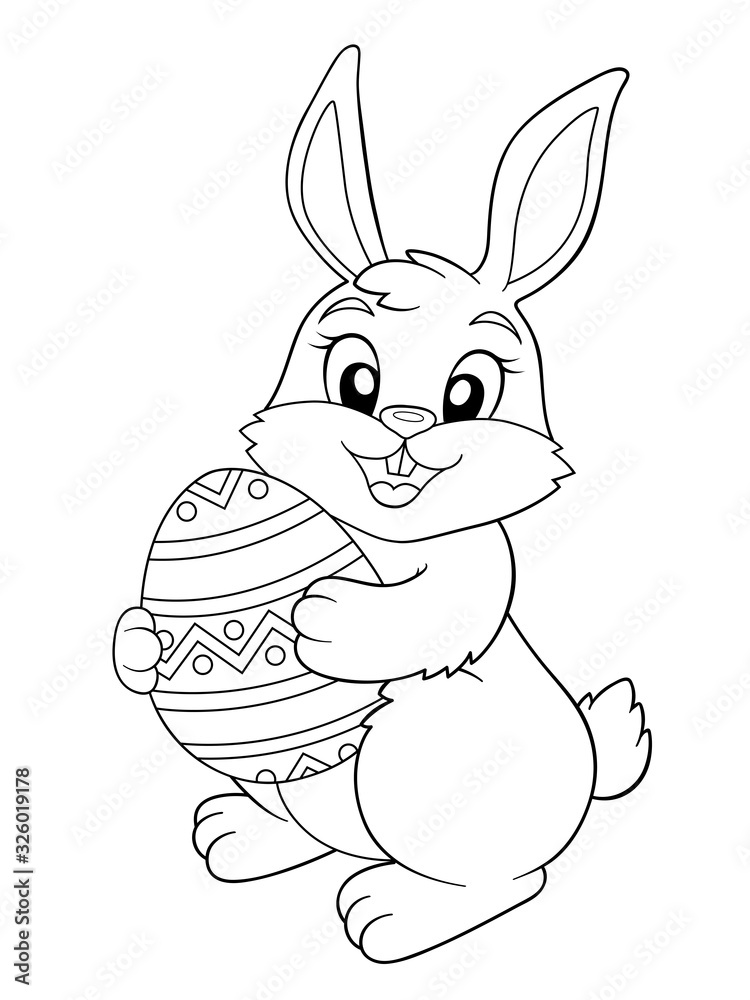 Easter Bunny holding Easter egg. Black and white vector illustration ...