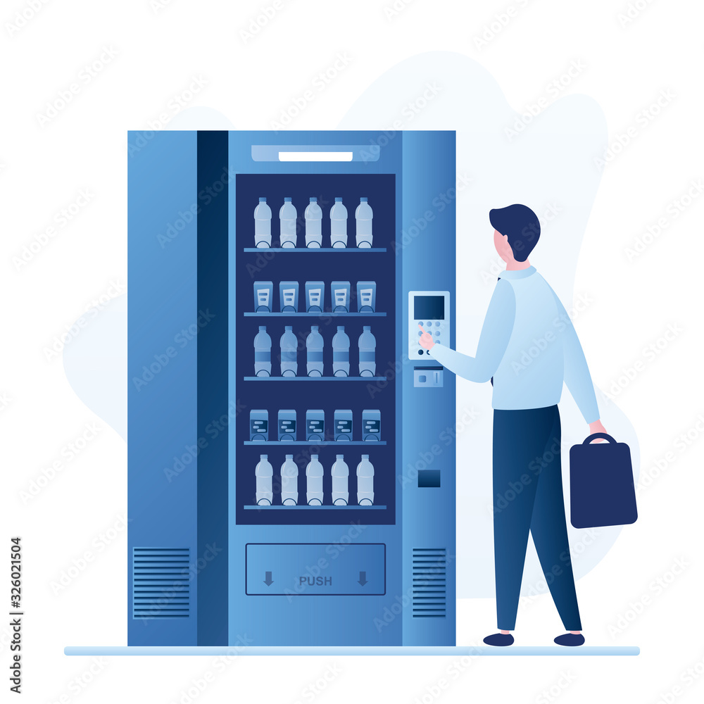 Handsome businessman using vending machine with drinks. Male character ...