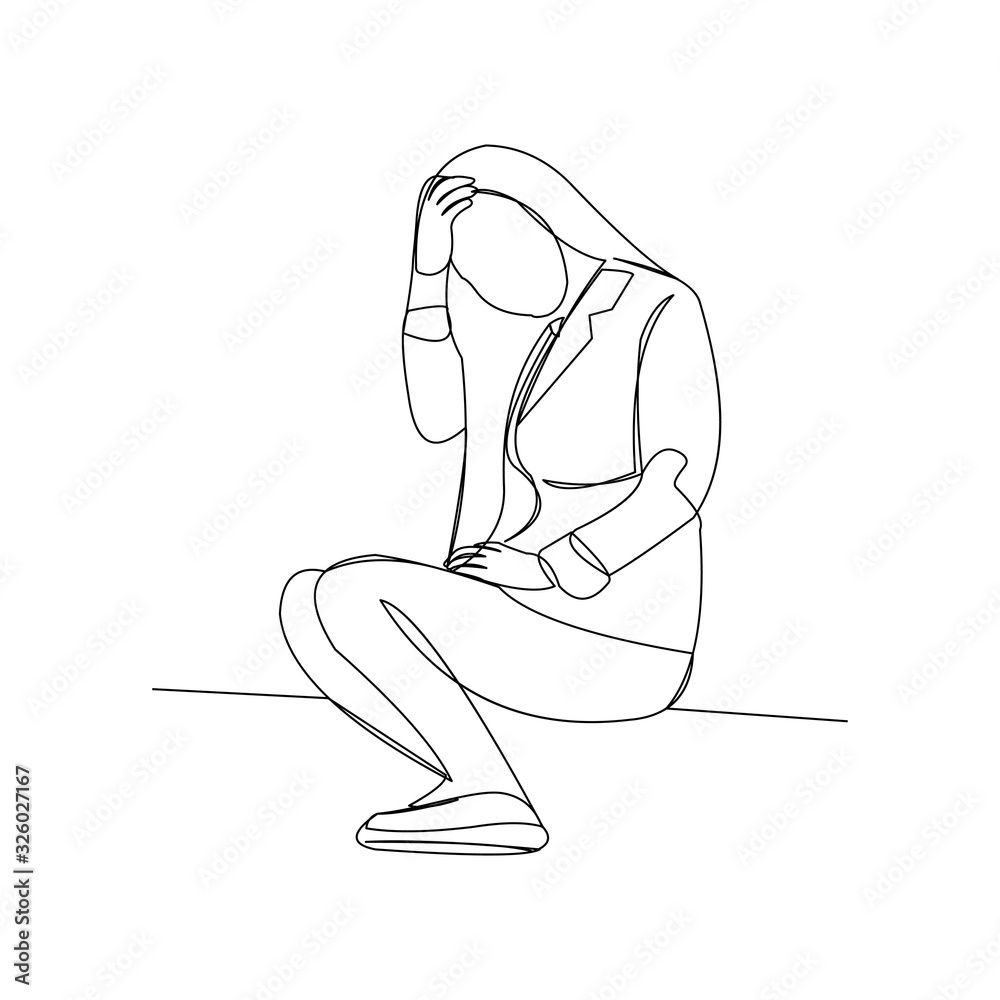Continuous line drawing of business woman in depression, stressed, and ...
