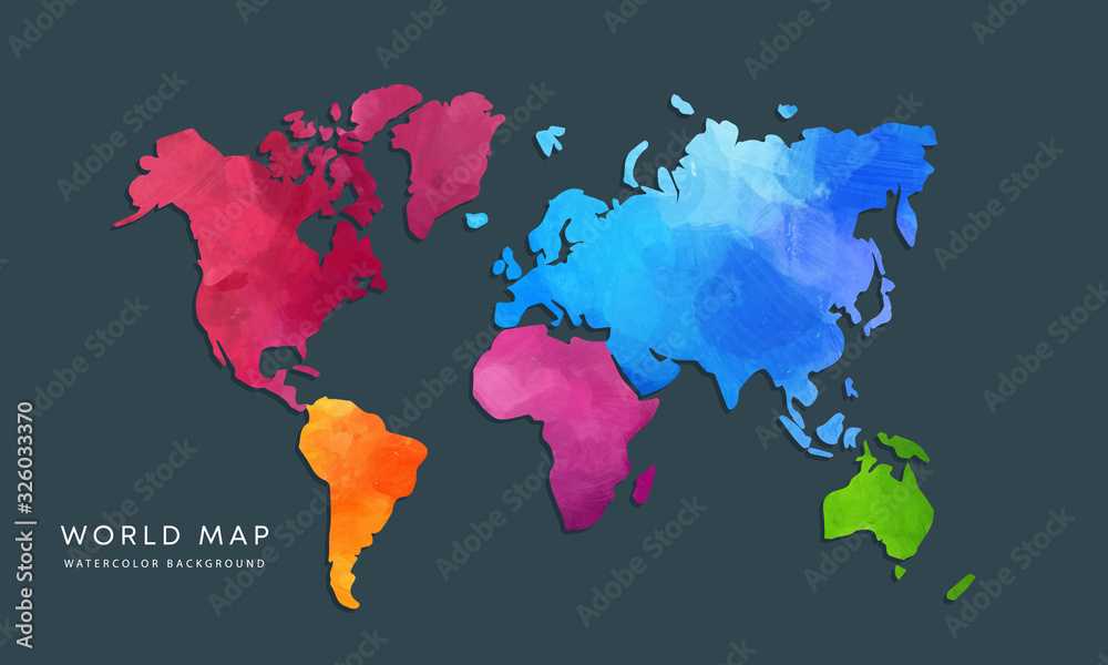 Vector hand drawn watercolor world map isolated on dark background ...
