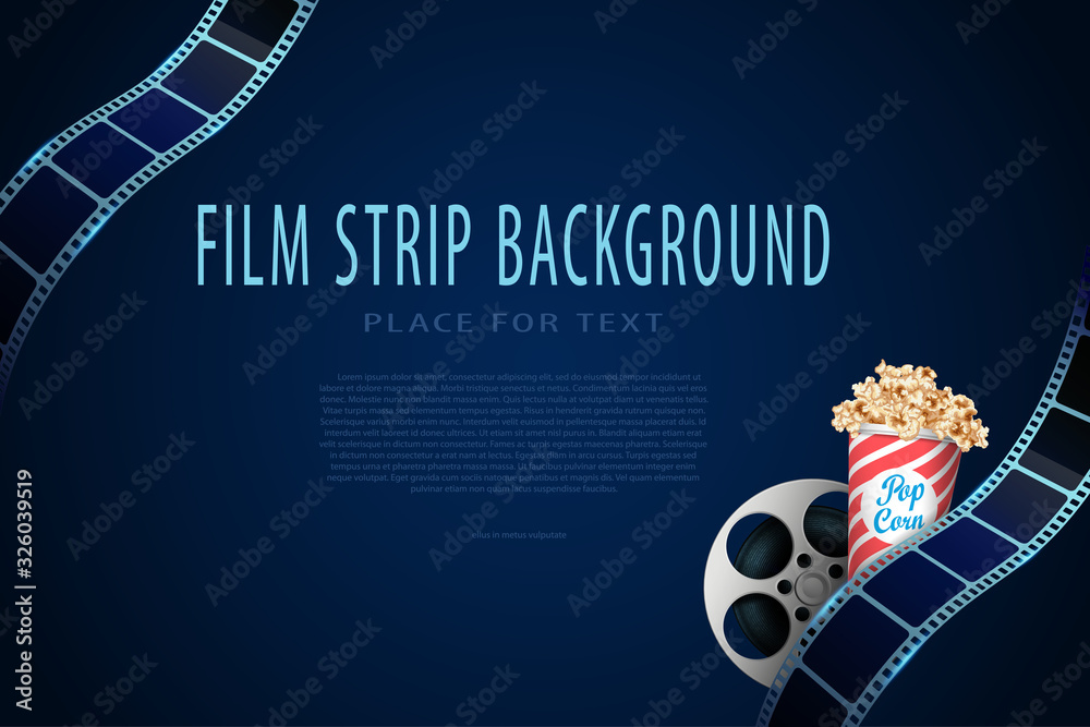 Film reel with film strips in waveform and pop corn box. Modern cinema ...