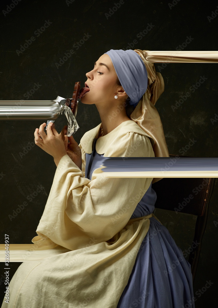 Medieval young woman as a medieval lady with a pearl earring on dark ...