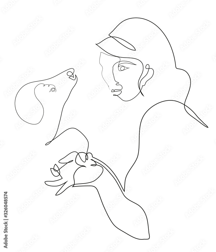 One continuous line drawing of pet lover and dog. Girl embracing her ...