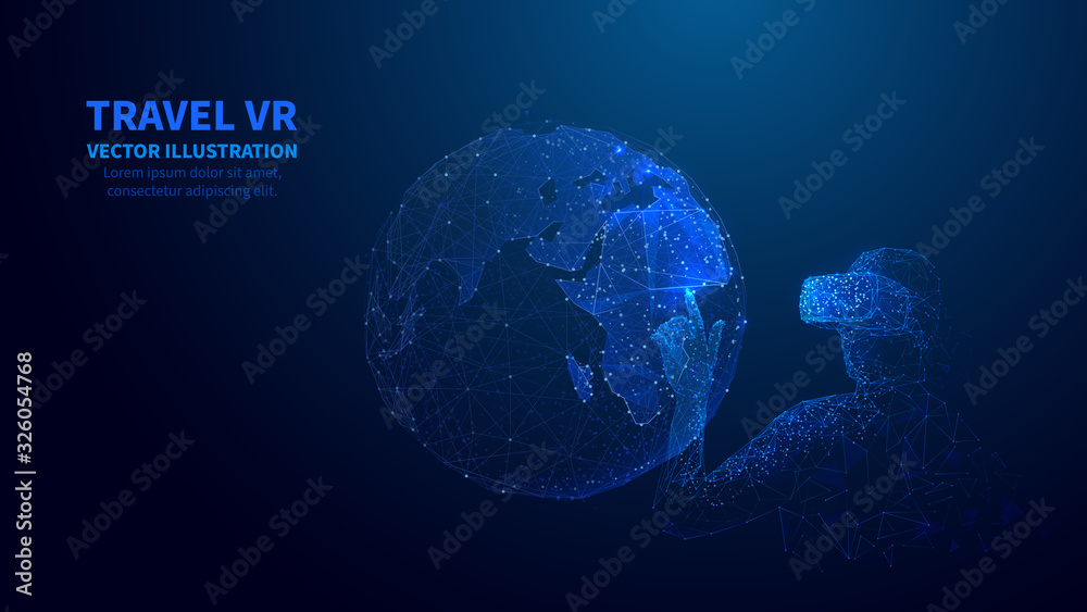 Abstract 3D isolated man in VR headset touches innovation visual of ...