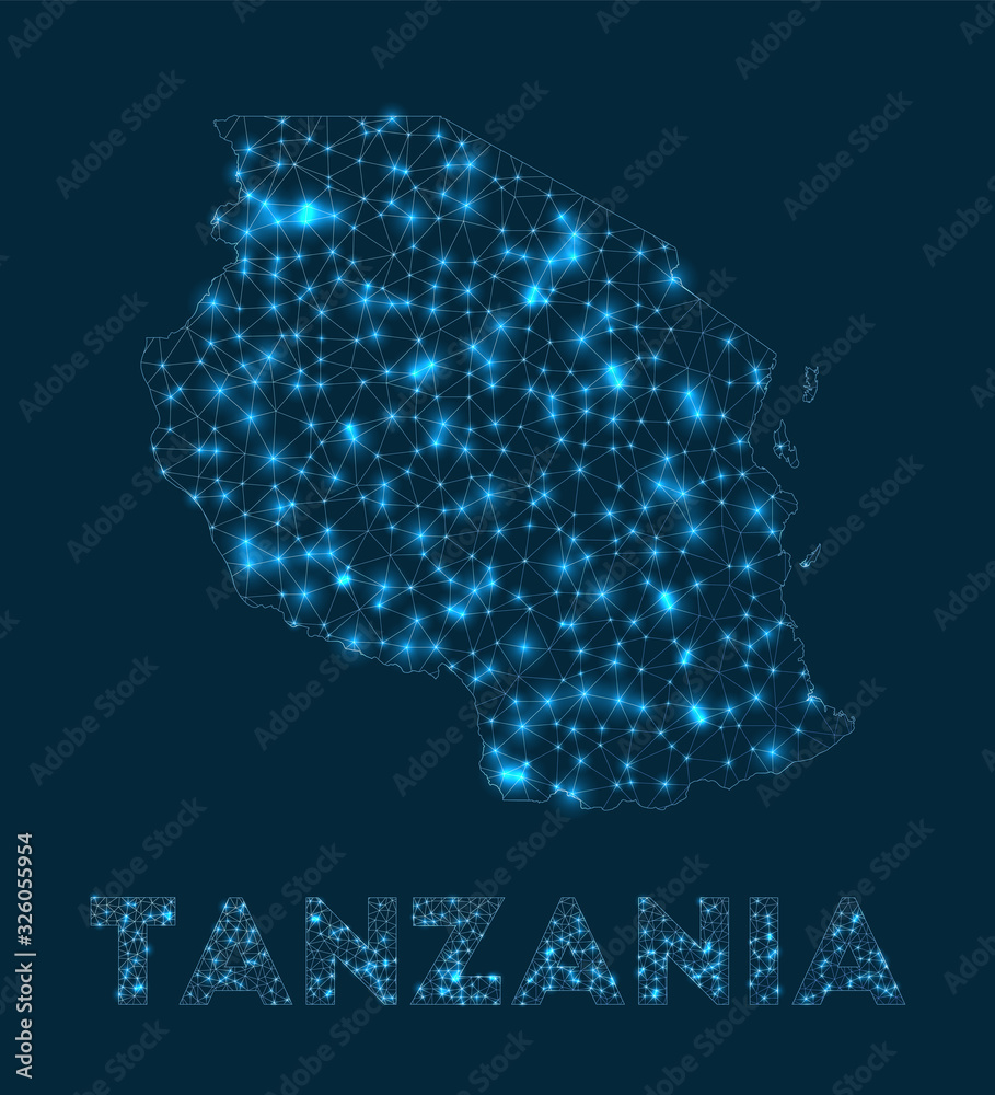 Tanzania network map. Abstract geometric map of the country. Internet connections and ...