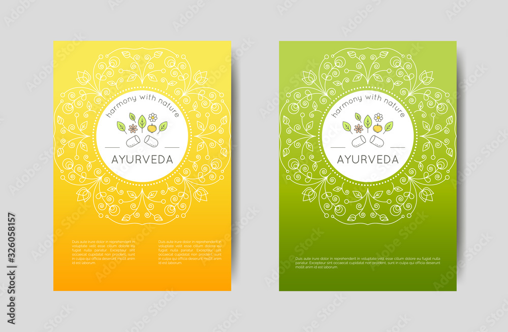 Vector Ayurveda illustration with covers set with text in gradient ...