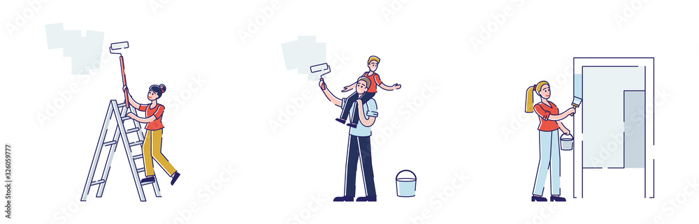 Set of Happy Family Repair Home, Father with Kid, Woman and Girl ...