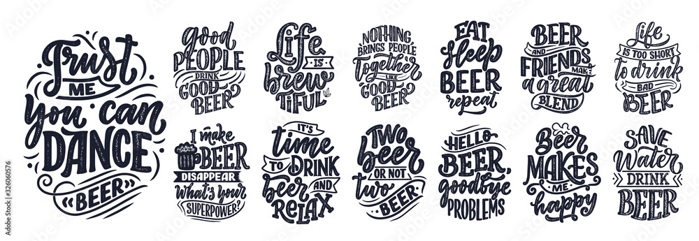 Set with lettering quotes about beer in vintage style. Calligraphic ...