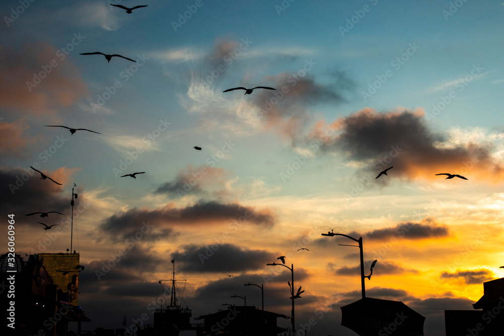 Horizontal image of the sunset on the Santa Monica pier in California ...