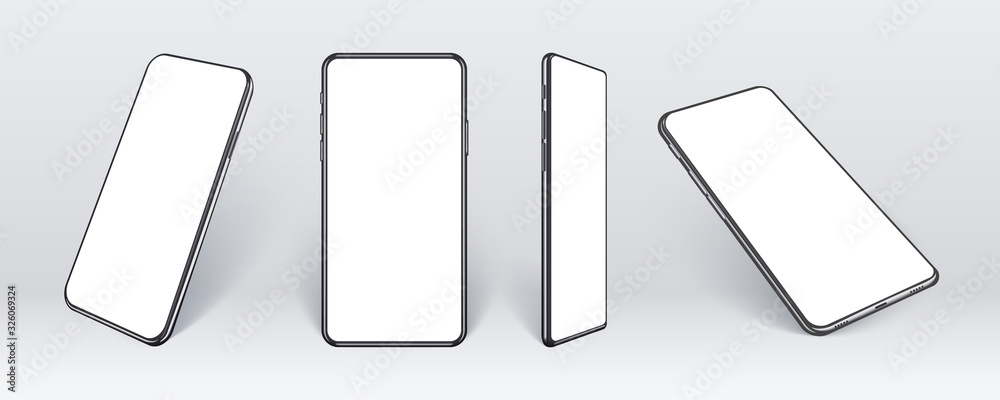 Realistic mobile phones in different angles isolated, Perspective view ...