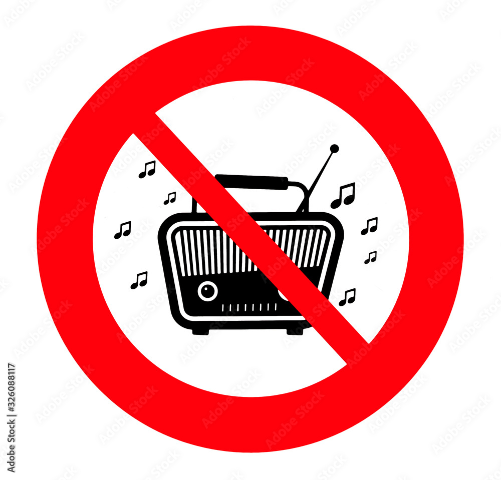 No loud music, prohibition sign, with silhouette of a vintage radio ...
