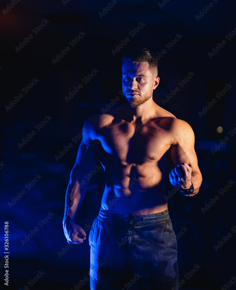 Handsome man with big muscles, posing at the camera in the gym, blue ...