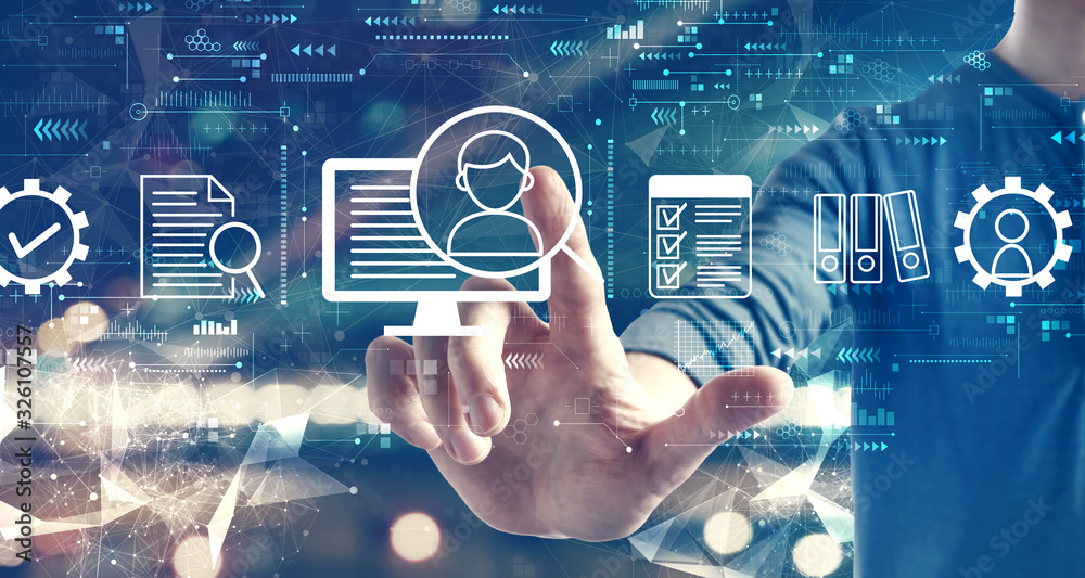 Document management system concept with a man on blurred city ...