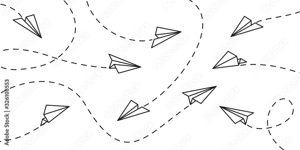 Airplane flight route line path and destination point. Paper planes ...