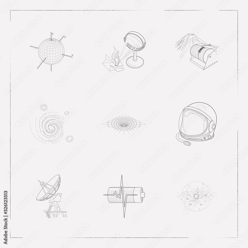 Set of science icons line style symbols with physical research ...