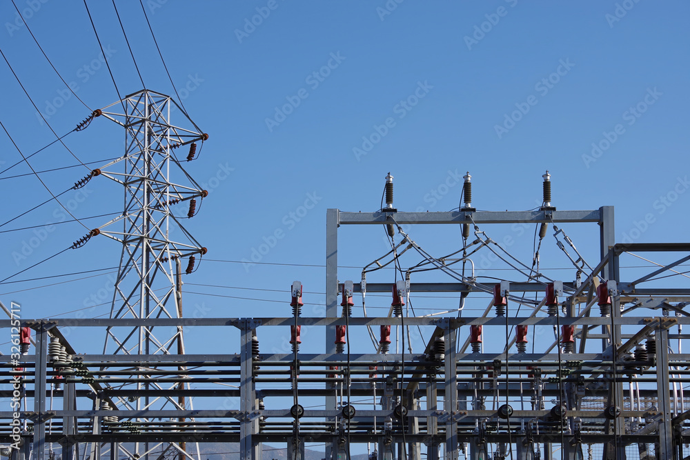 Close sectional view of the equipment of an electricity substation and ...