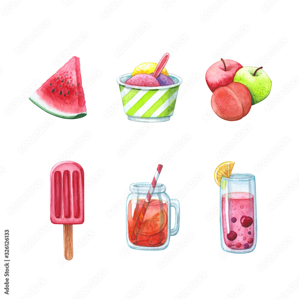 Hand drawn watercolor clipart set of ice creams, fruits and juices on ...
