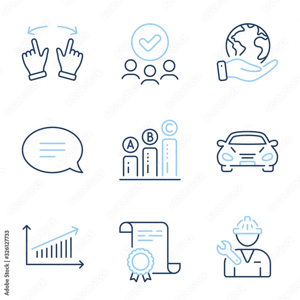 Vetor de Chat, Graph chart and Car line icons set. Diploma certificate, save planet, group of ...