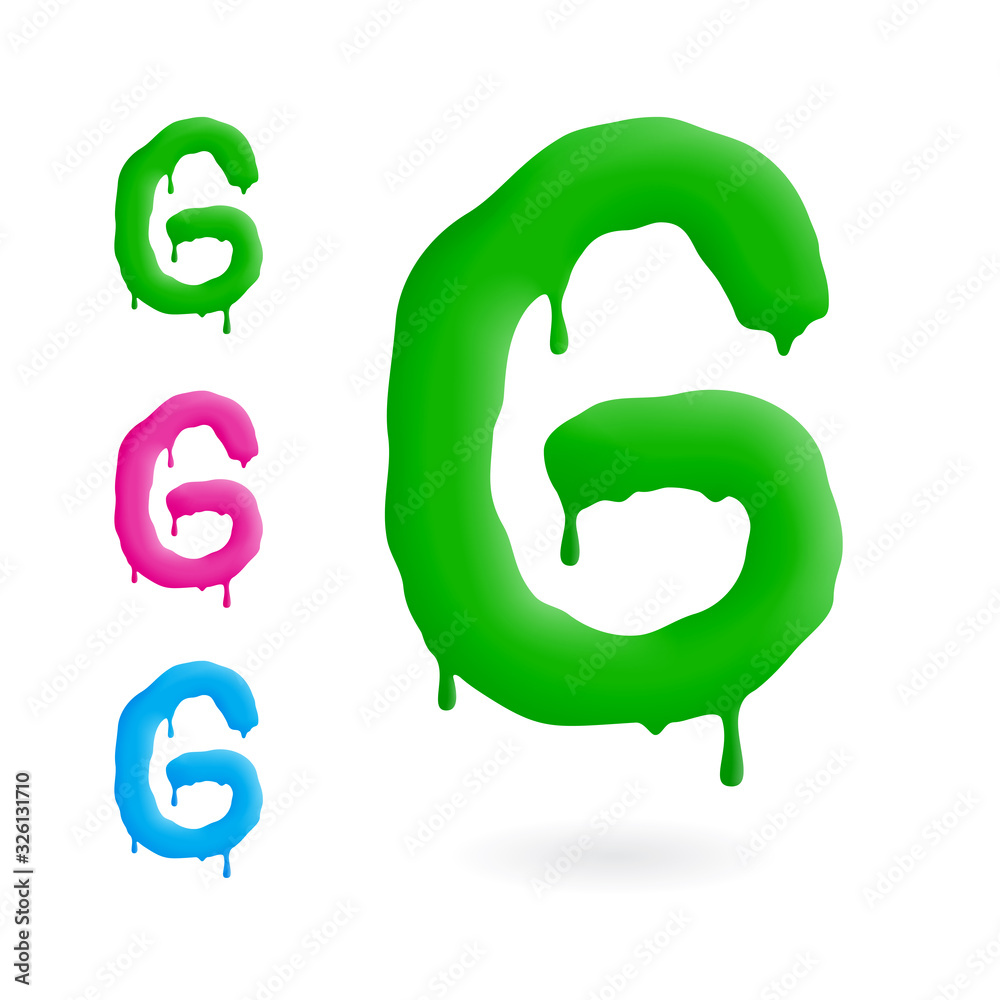 Letter G logo. Green, blue and pink character with drips. Dripping ...