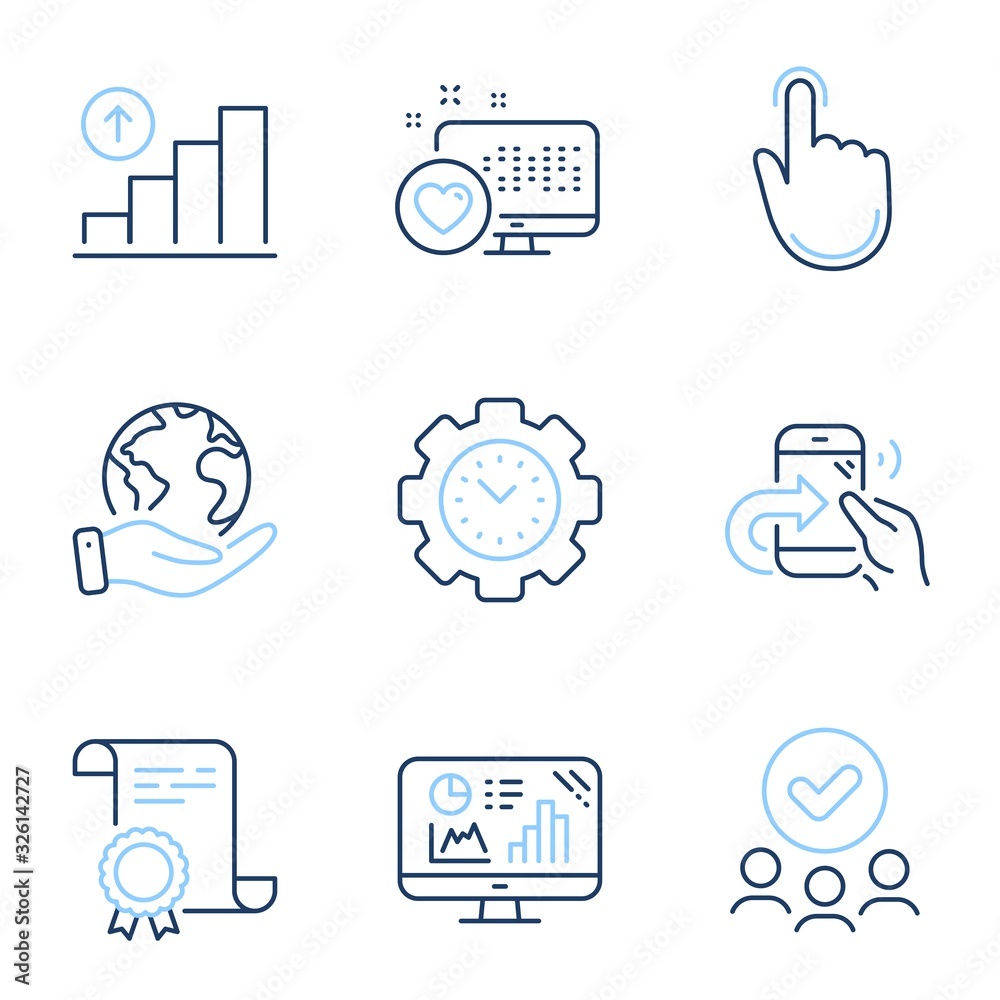 Vetor de Share call, Heart and Graph chart line icons set. Diploma ...