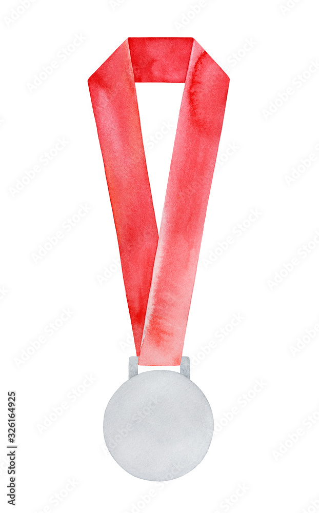 Water color drawing of blank silver medal and red satin ribbon. Front ...