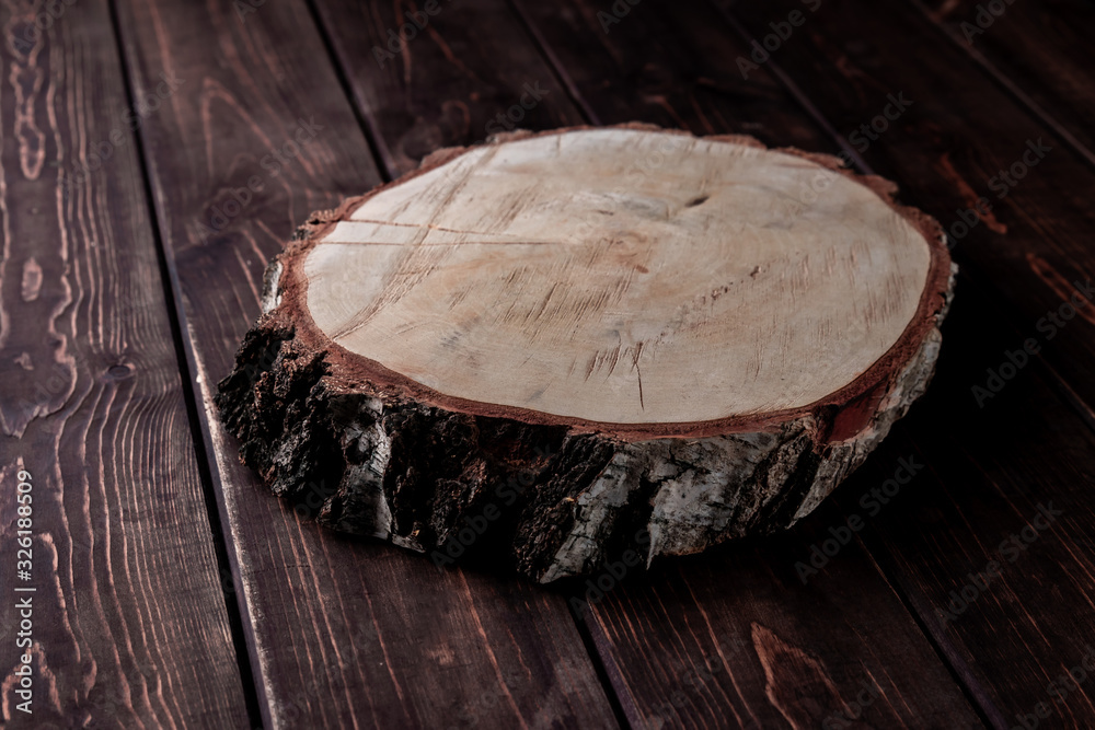 top view cross section of birch tree trunk on wooden table, template ...