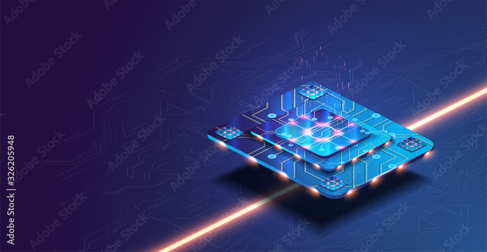 Futuristic microchip processor with lights on the blue background. Quantum computer, large data ...