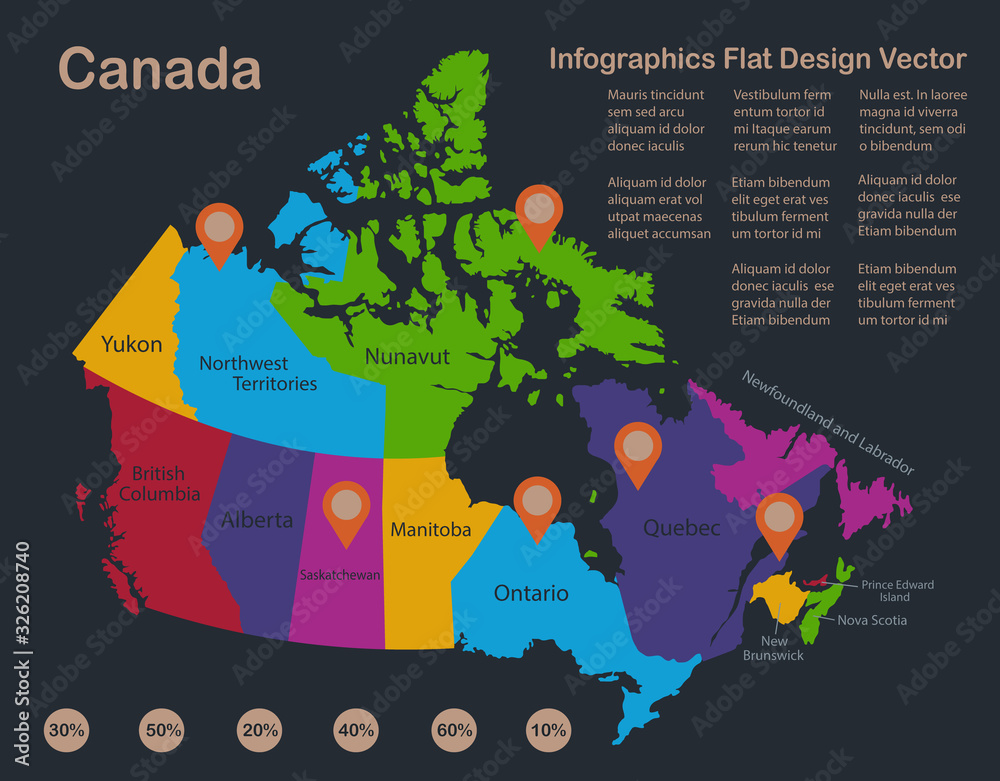Infographics Canada map, flat design colors, with names of individual ...