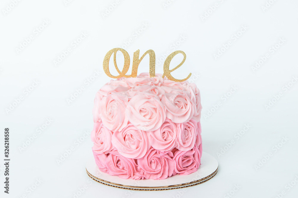 First birthday pink ombre birthday cake with a one on top as a cake ...