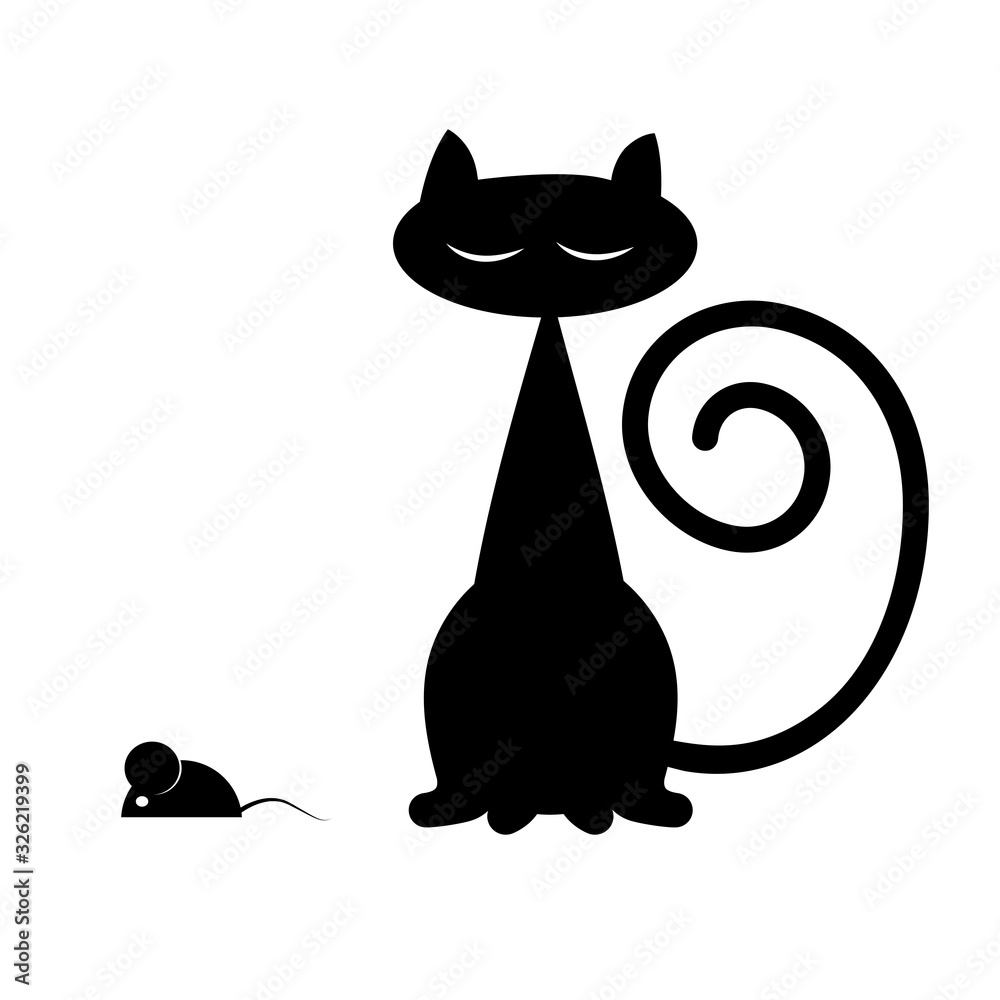 Stylized sitting black cat FAS and mouse profile . Black and white ...