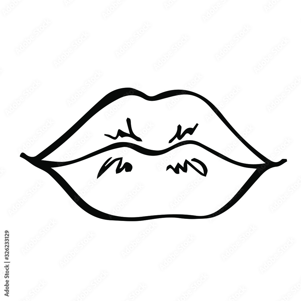 vector hand-drawn outline female lips isolated on a white background ...