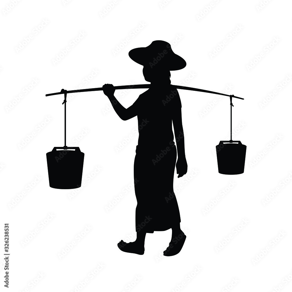 Woman carry with a carrying pole silhouette vector, Asia culture ...