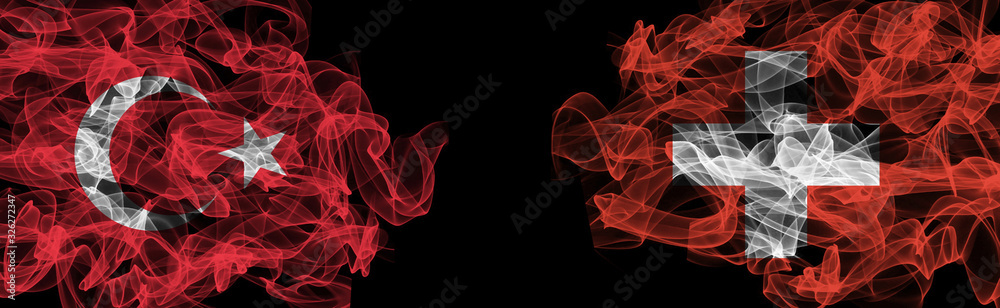 Flags of Turkey and Switzerland on Black background, Turkey vs ...