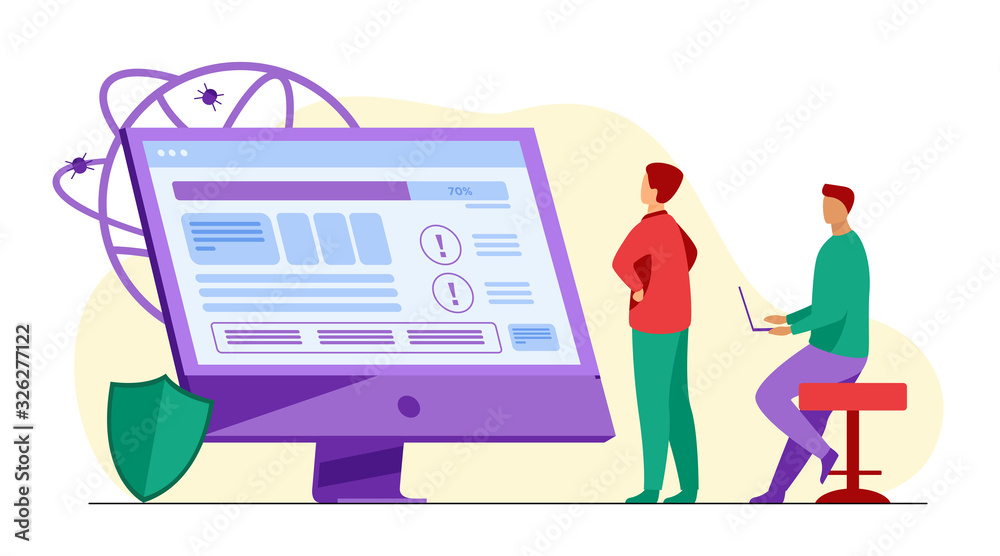 Developers Testing Software Man With Laptops Watching Infographics Fixing Bugs Using Computer