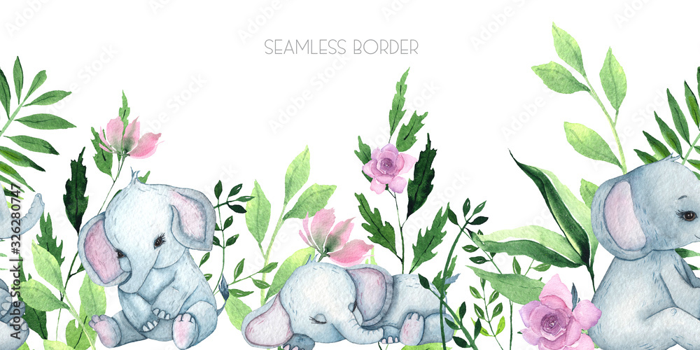 Watercolor seamless border with tropical leaves, pink flowers, cute ...