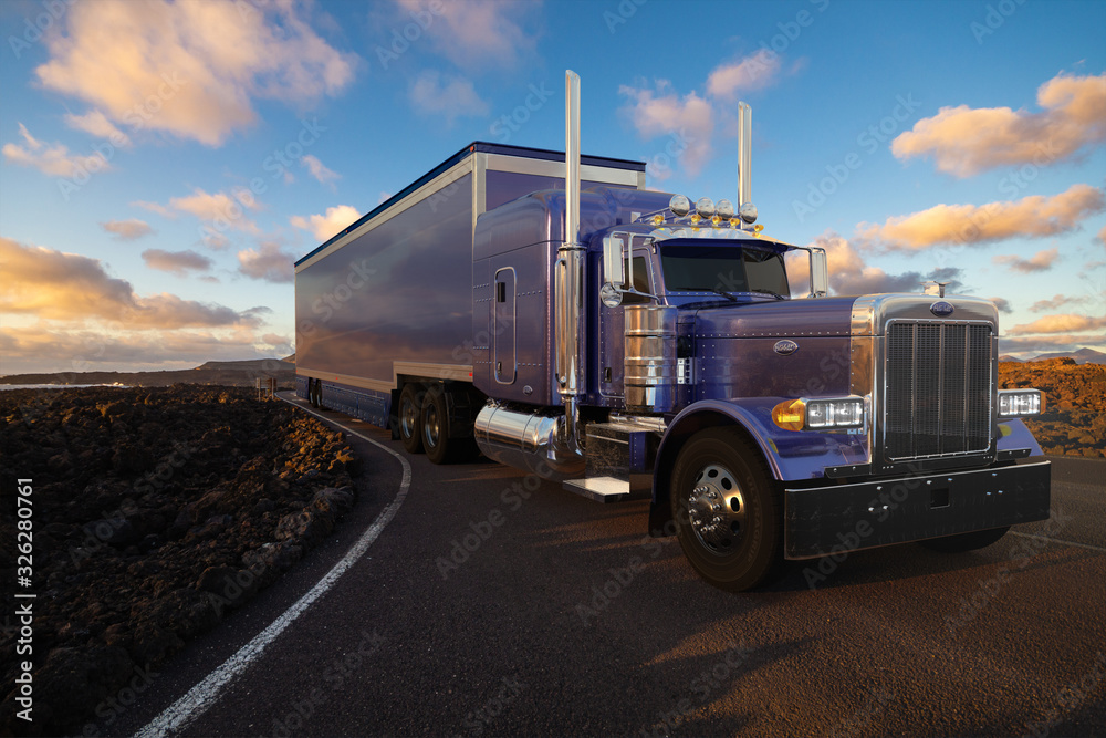 American Peterbilt truck with a semi-trailer driven on a desert road ...