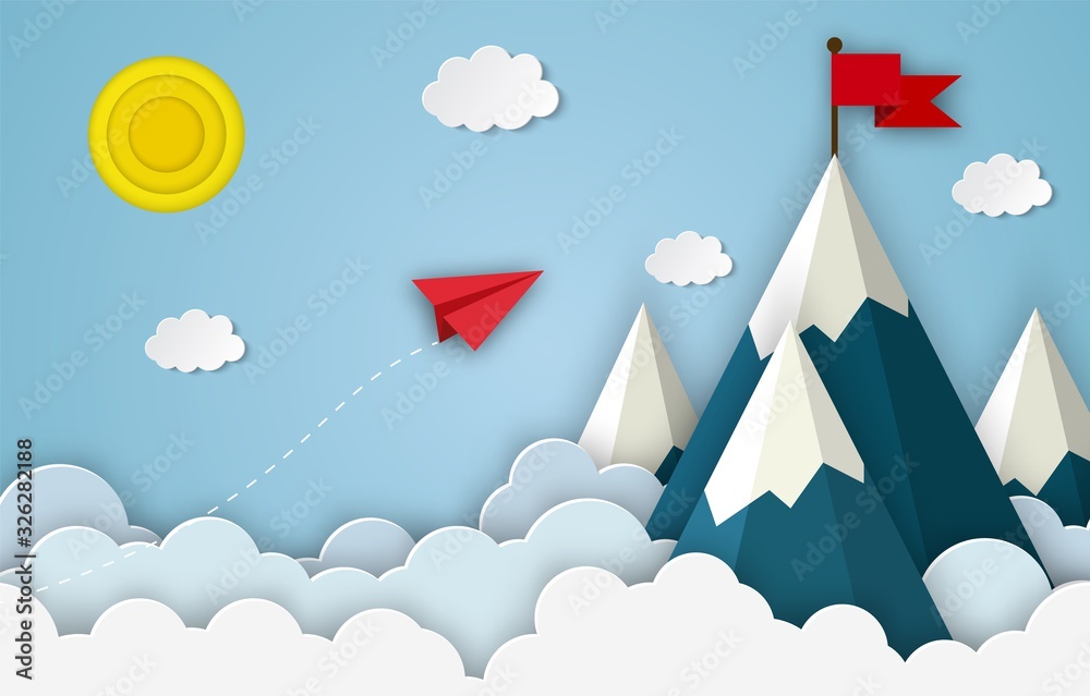 Paper airplanes flying to the top of mountains. Business, stand out of ...