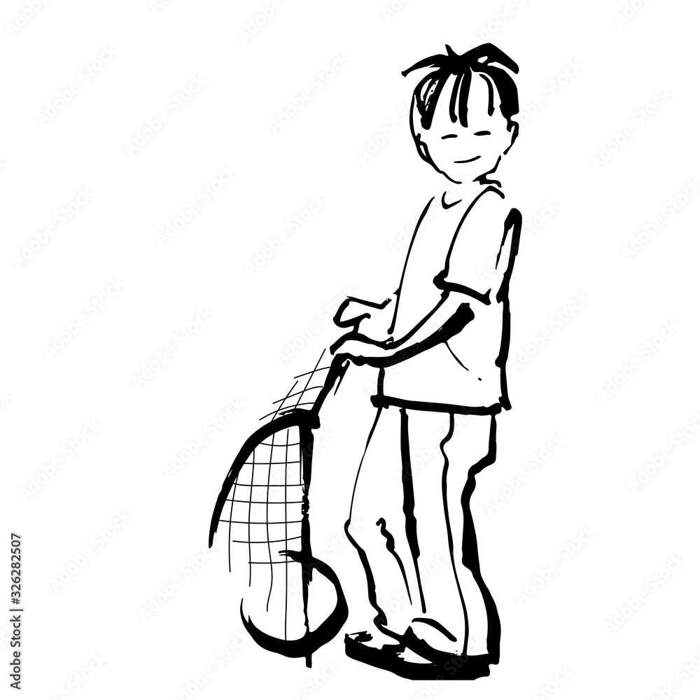 Black outline hand drawn boy playing ball, sketch child contour with ...