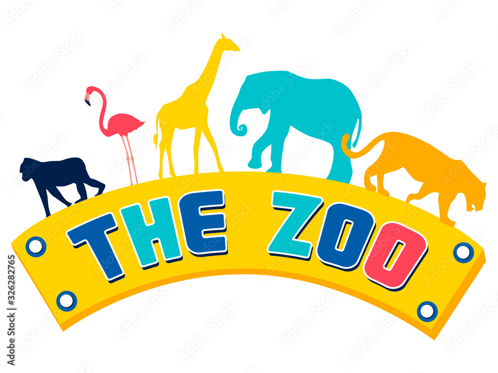Logo, plate, pointer zoo. Animals on the text. In minimalist style ...