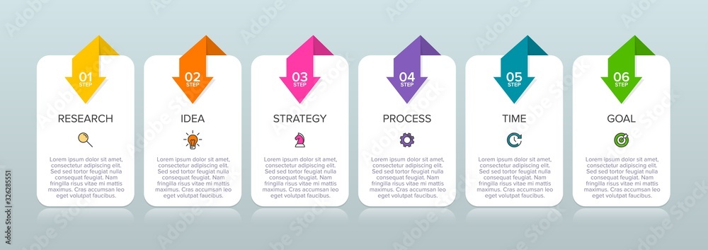 Concept of arrow business model with 6 successive isometric steps. Six ...