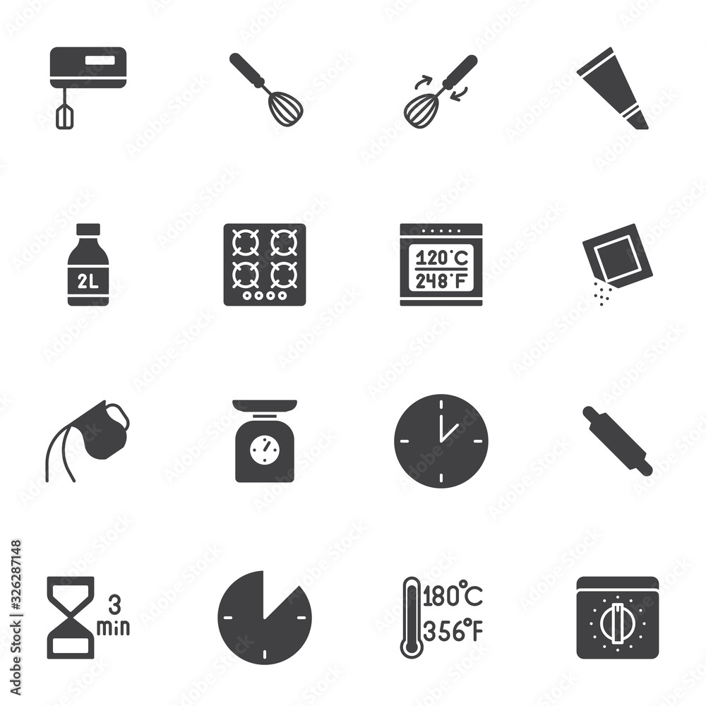 Cooking instructions vector icons set, modern solid symbol collection ...