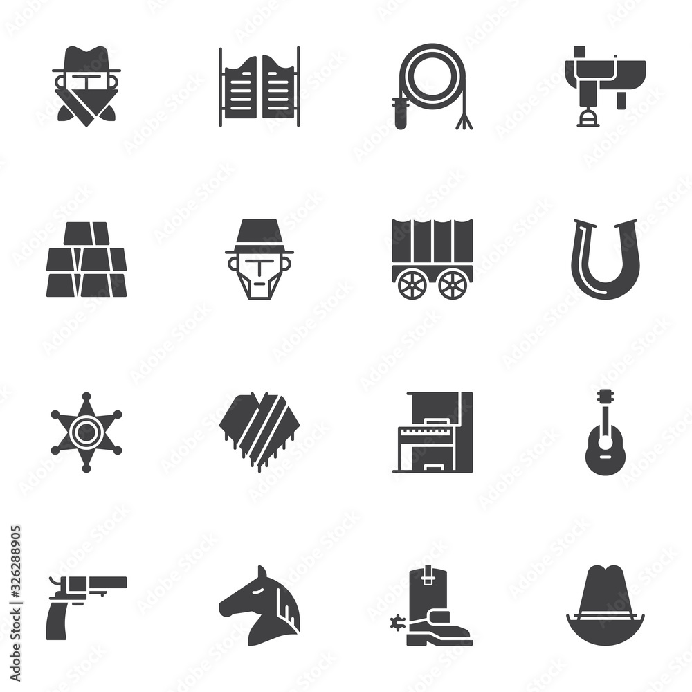 Western cowboy vector icons set, modern solid symbol collection, filled ...
